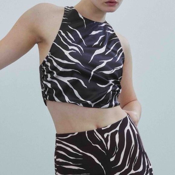 Zara | Tops | Zara Zebra Print High Neck Satin Crop Top S | Poshmark